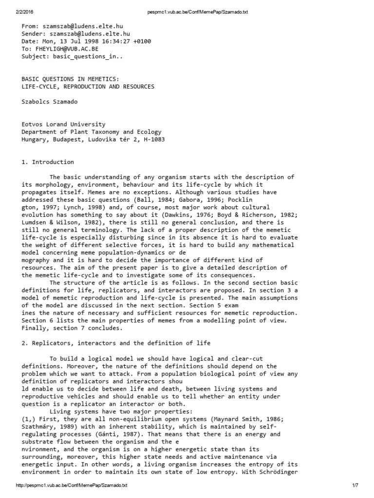 Basic Questions in Memetics | PDF