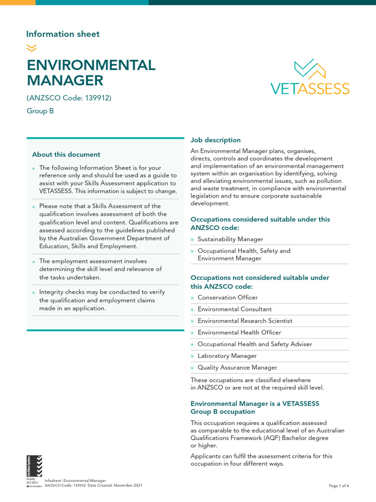 Information Sheet - Environmental Manager | PDF | Academic Degree ...