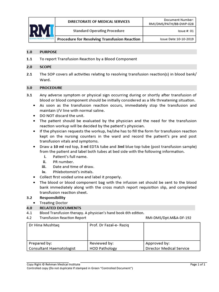 028 SOP For Procedure For Resolving Transfusion Reaction | PDF | Blood ...