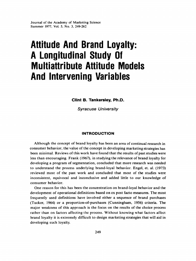 Attitude and Brand Loyalty: A Longitudinal Study of Multiattribute Attitude Models and ...