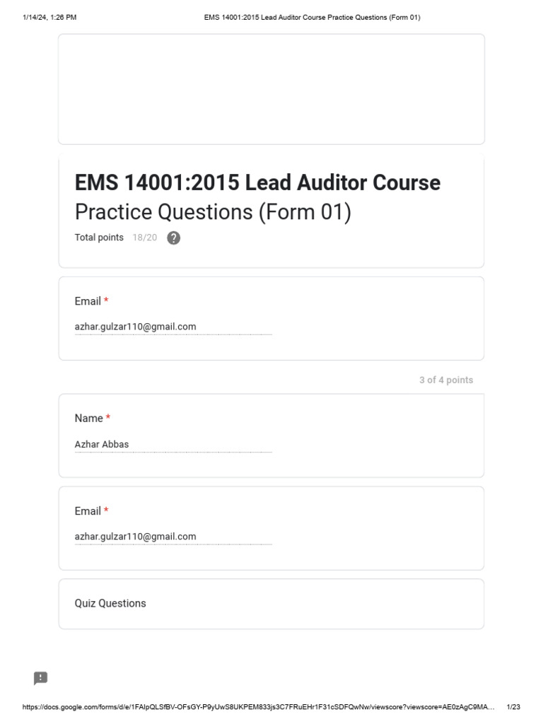 EMS 14001 - 2015 Lead Auditor Course Practice Questions (Form 01) | PDF ...