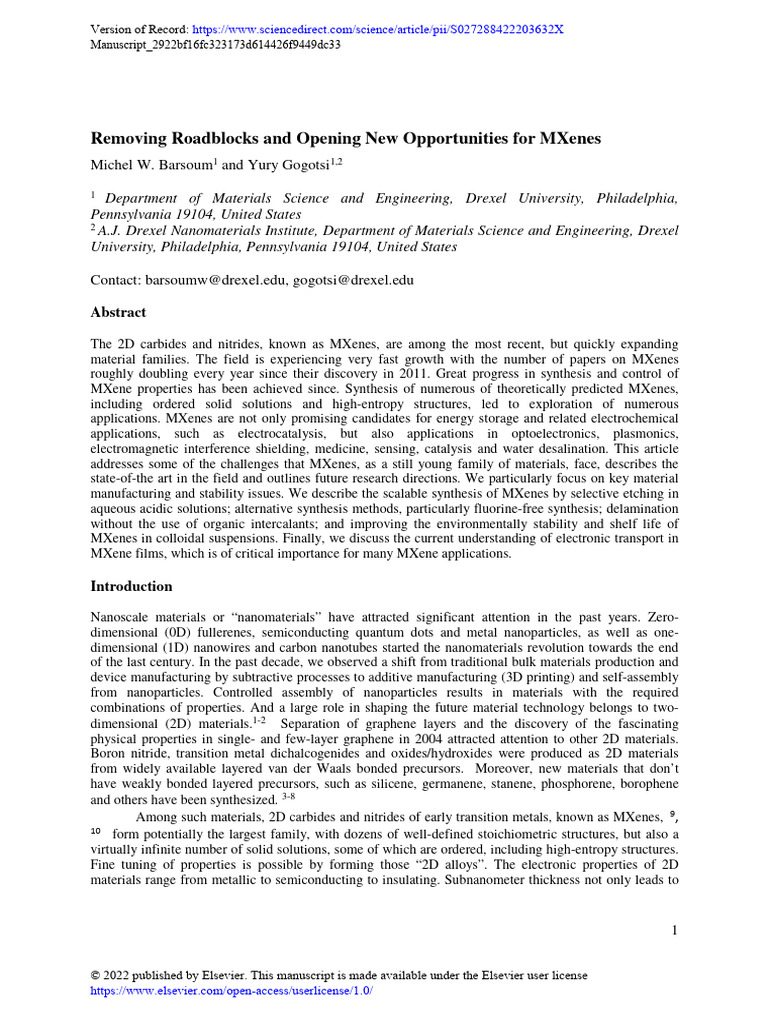 Removing Roadblocks and Opening New Opportunities For MXenes | PDF ...