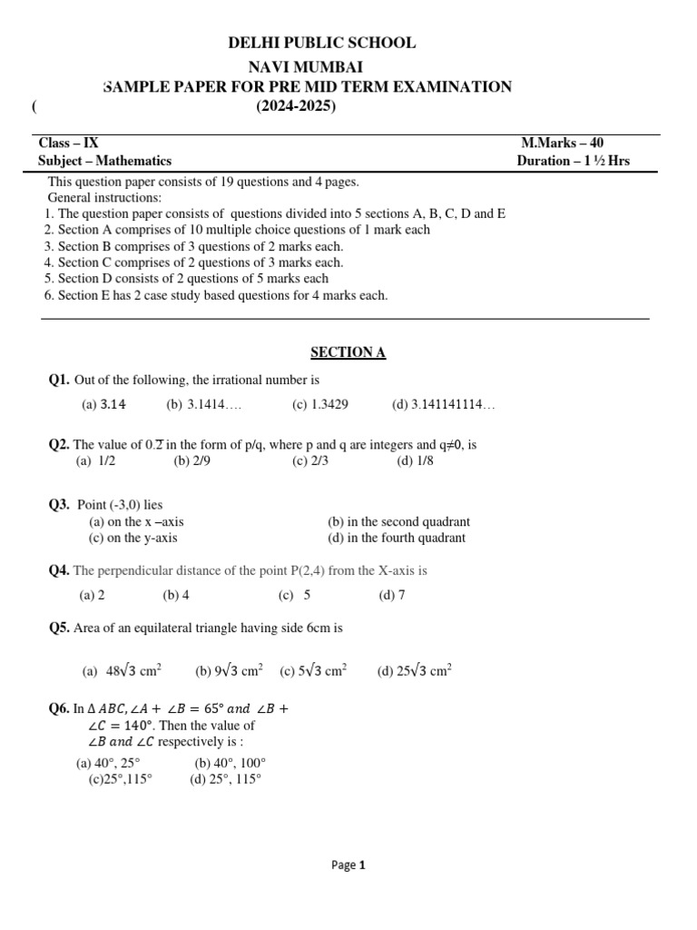 Sample Paper Class 9 Pre Mid Term 24-25 Latest | PDF | Axiom | Triangle