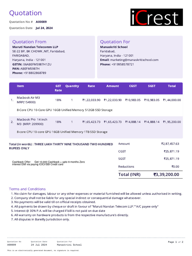 Quotation A00009 Maruti Nandan Telecomm LLP Manaskriti School | PDF ...
