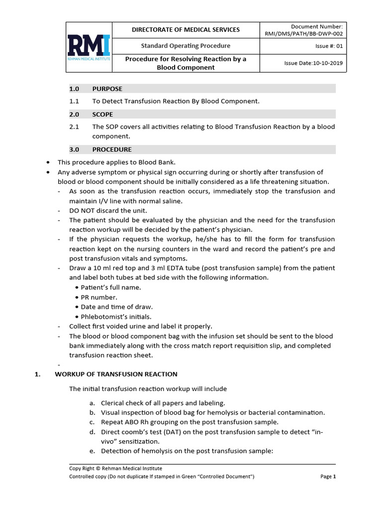 Blood Transfusion Reaction SOP | PDF | Blood Transfusion | Blood Plasma