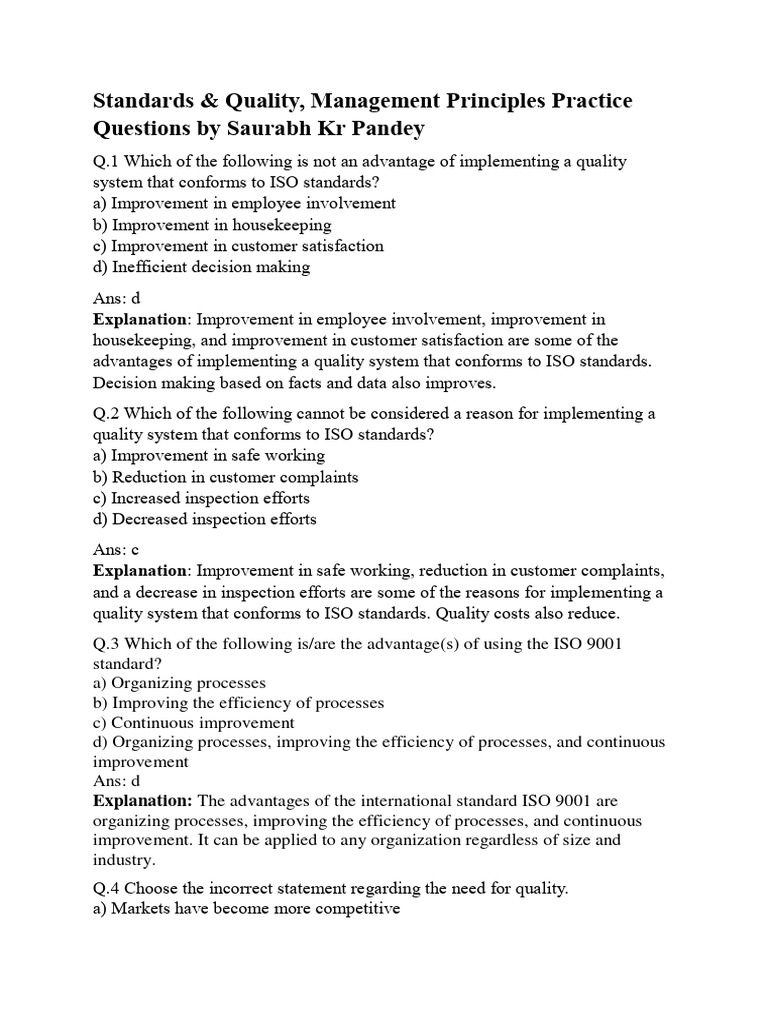 Standards & Quality Practice Questions | PDF | Six Sigma | Leadership