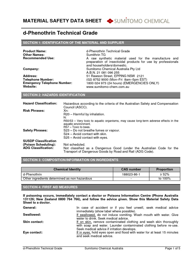 d-Phenothrin Technical Grade Safety Data | PDF | Dangerous Goods | Water