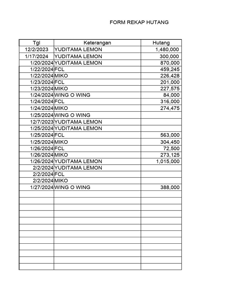 Form Rekap Hutang | PDF | Teknologi & Rekayasa