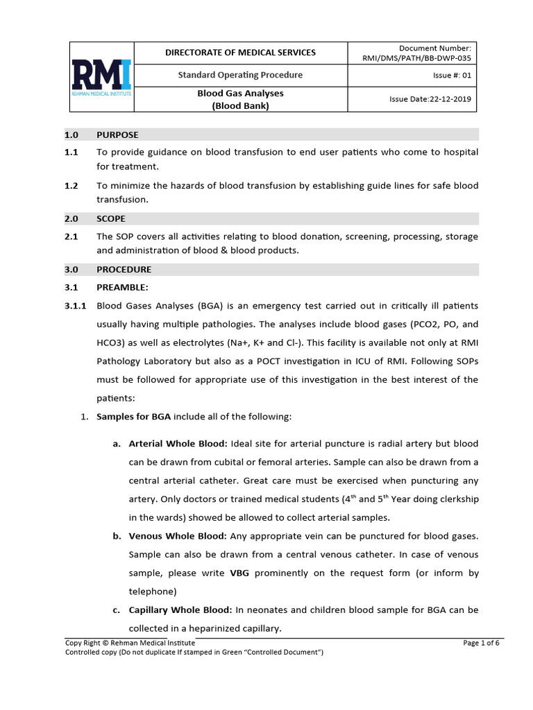 035 SOP For Blood Gas Analyses | PDF | Medical Specialties | Physiology