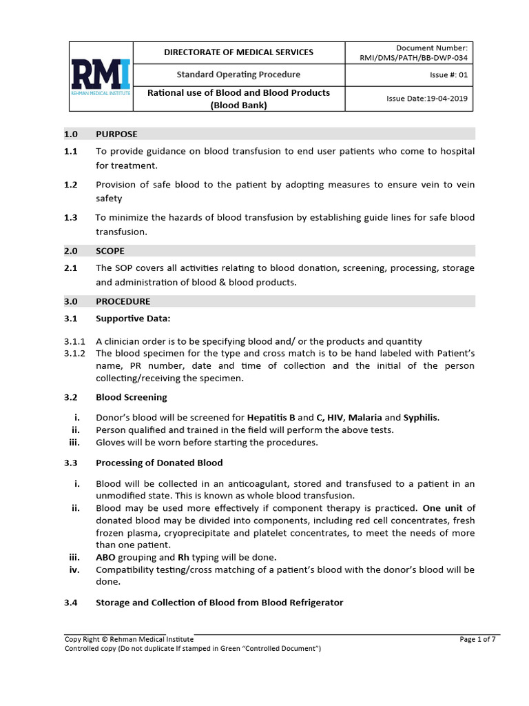 034 SOP For Rational Use of Blood & Blood Product BB | PDF | Blood ...