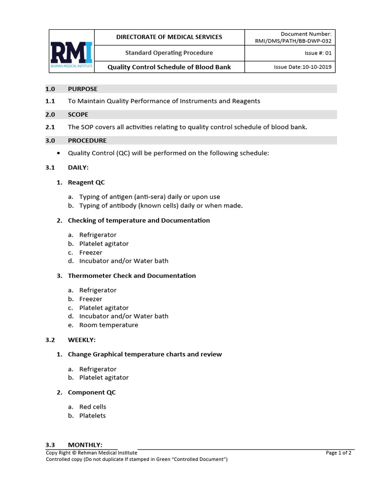 032 SOP For Quality Control Schedule of Blood Bank | PDF | Refrigerator ...