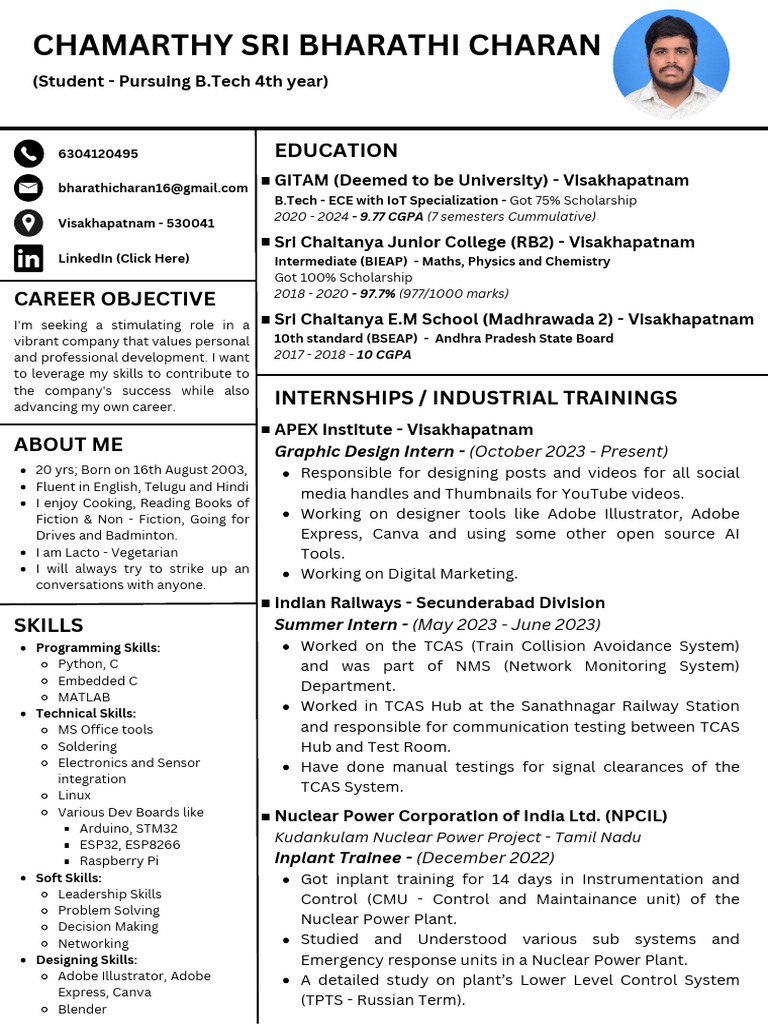 CHAMARTHY SRI BHARATHI CHARAN Resume | PDF | Internet Of Things | Home Automation