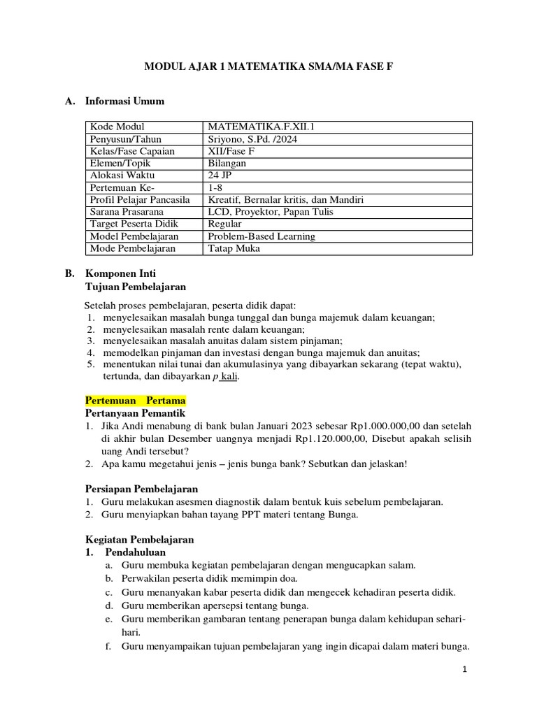 Modul Ajar Matematikakls 12 Sriyono | PDF