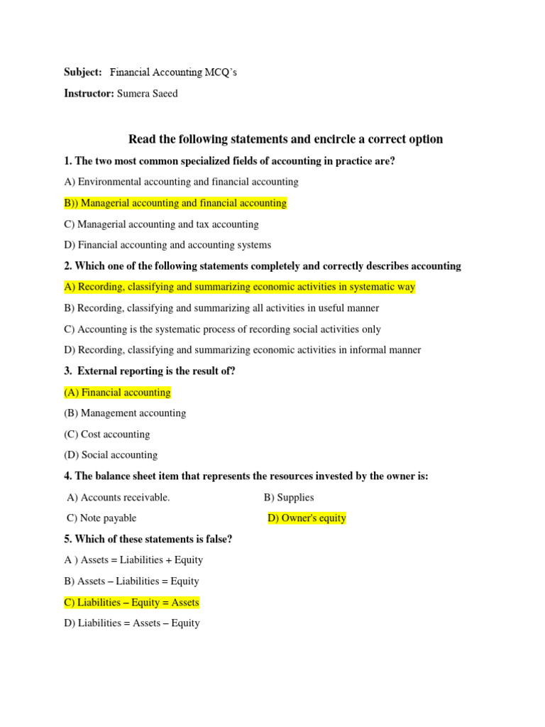 Financial Accounting MCQs for Exams | PDF | Debits And Credits ...