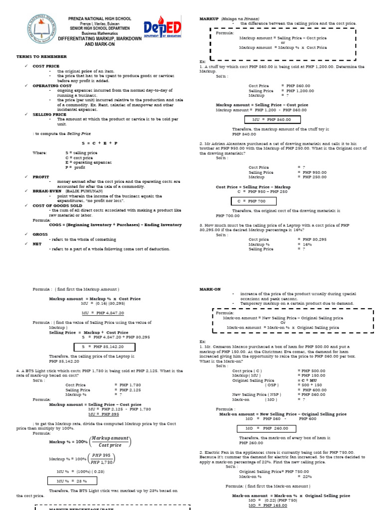 LESSON 5 Mark On Markdown and Markup 1 | PDF | Prices | Cost