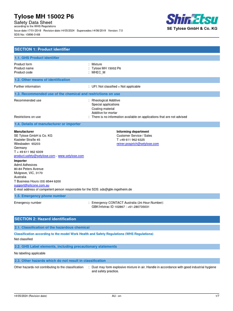 Tylose MH 15002 P6 Safety Data Sheet | PDF | Personal Protective ...