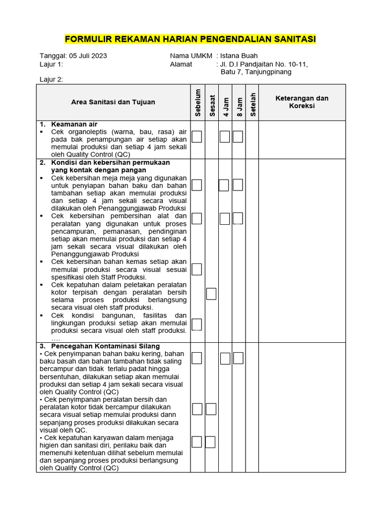 Form 2b. Form Rekaman Harian SSOP (Riesa Uzvi Flowerini) (KOREKSI) | PDF