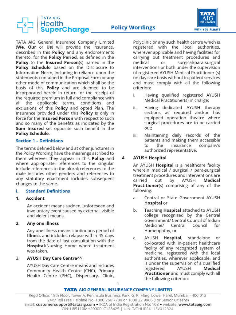 TATA AIG Policy Wordings Overview | PDF | Intensive Care Unit | Hospital