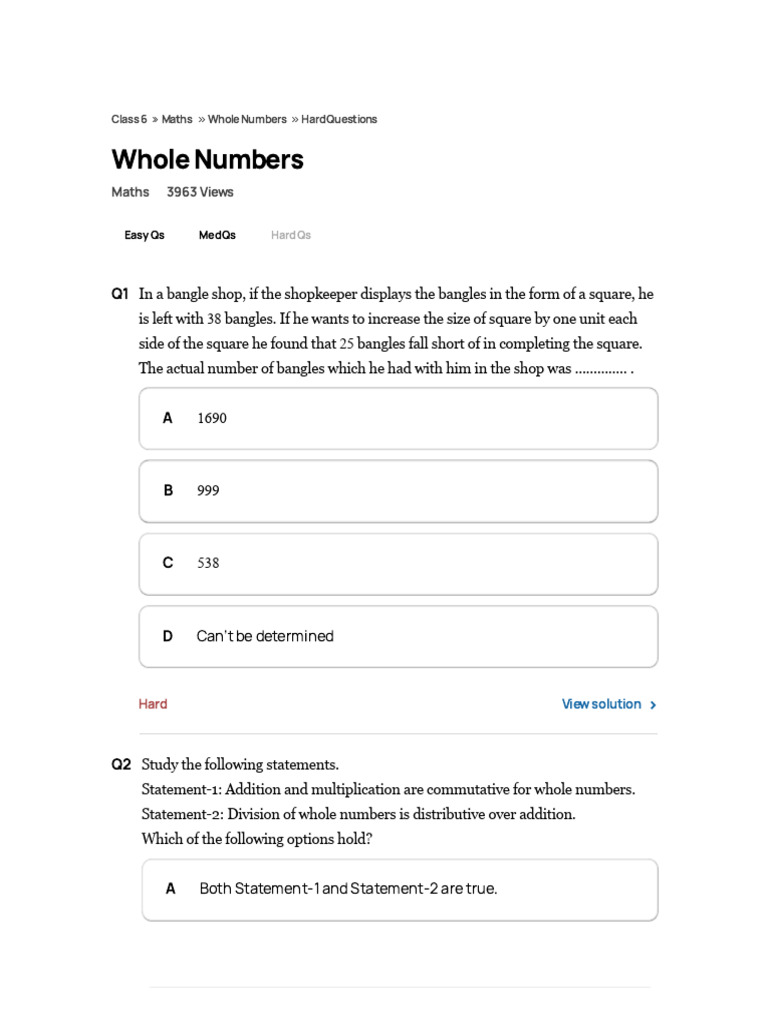 Whole Numbers Worksheet for Class 6 | PDF | Integer | Mathematical Objects
