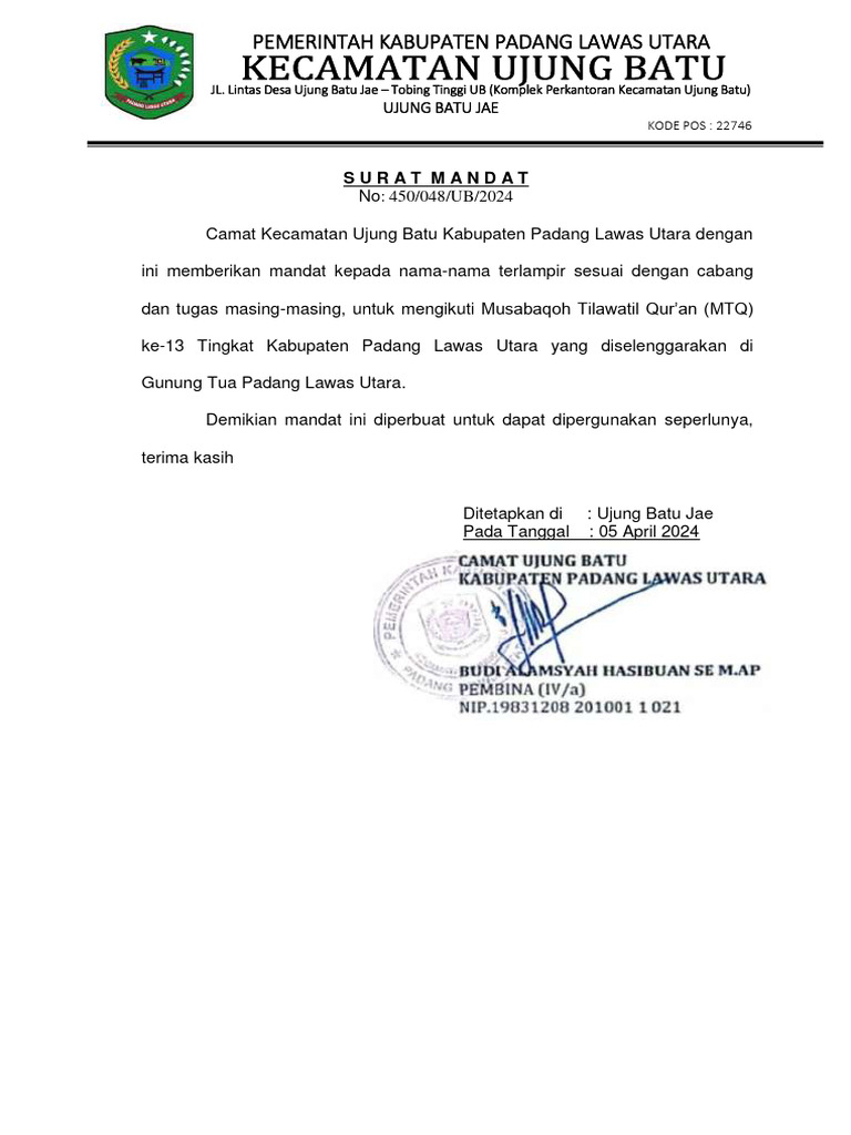 Surat Mandat MTQ Ujung Batu 2024 | PDF