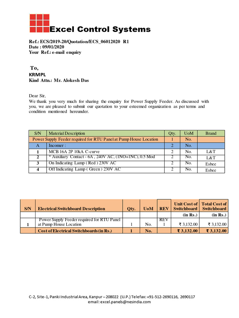 ECS-2019-20-Quotation-ECS - 06012020o R1 Shapoorji 30-01-2020 | PDF | Power (Physics ...