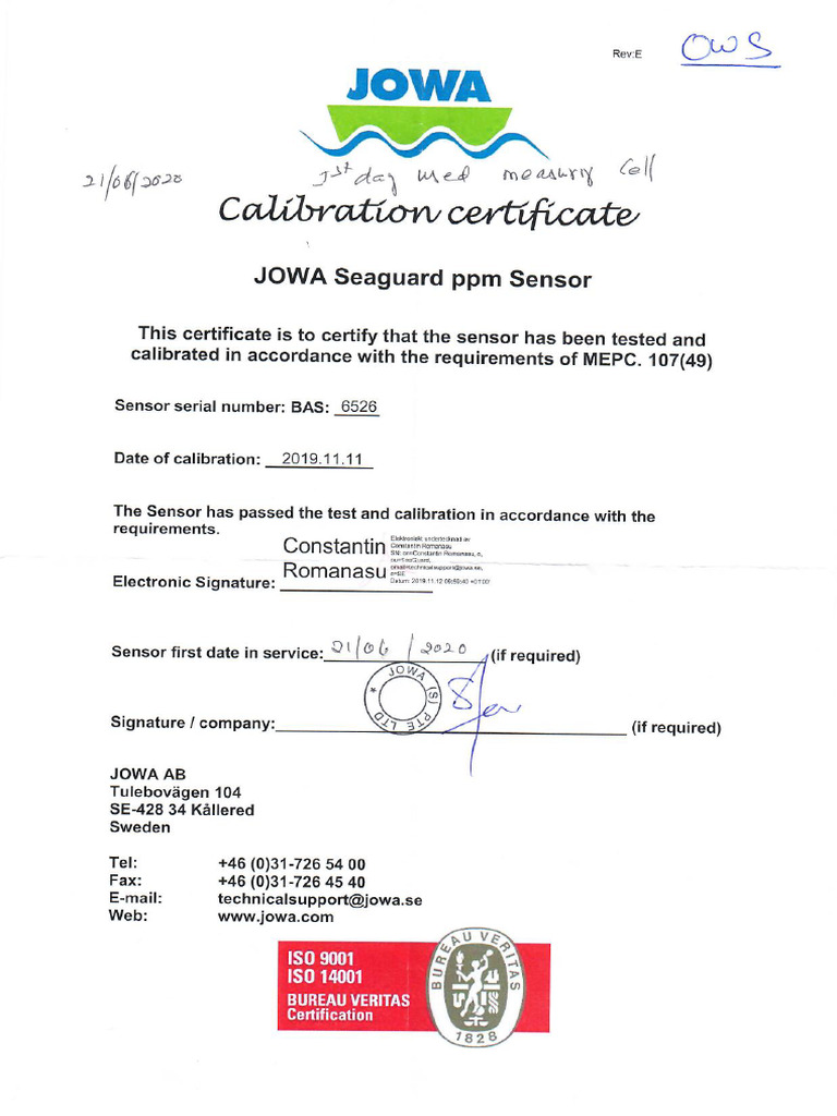OWS Calibration Cert PDF | PDF