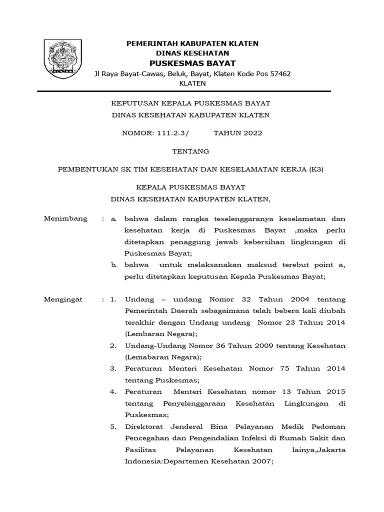 Pembentukan Tim K3 Puskesmas Bayat | PDF | Sains & Matematika