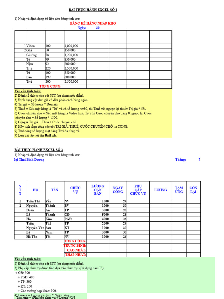 Bai TH Excel | PDF