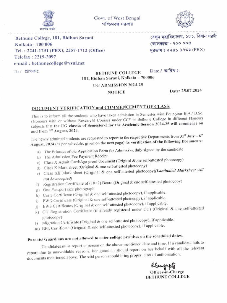 Bethune College UG Admission 2024-25 | PDF