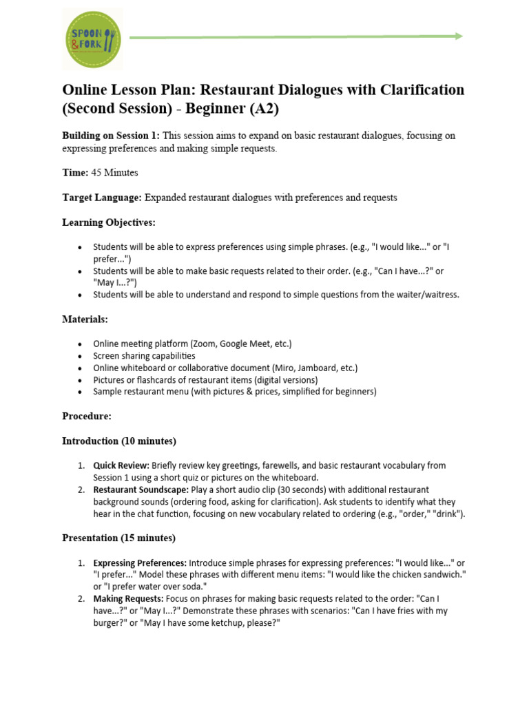 Restaurant Dialogues Lesson Plan 2 | PDF | Waiting Staff | Menu
