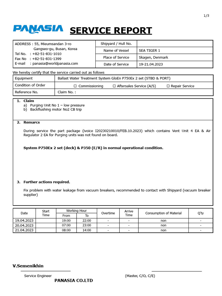 Sea Tiger 1 BWMS Service Report | PDF | Gas Technologies