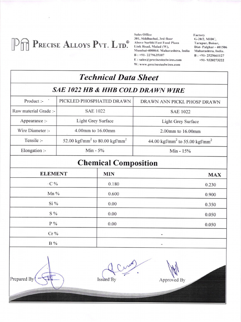 SAE 1022 Cold Drawn Wire Data Sheet | PDF | Materials | Building ...