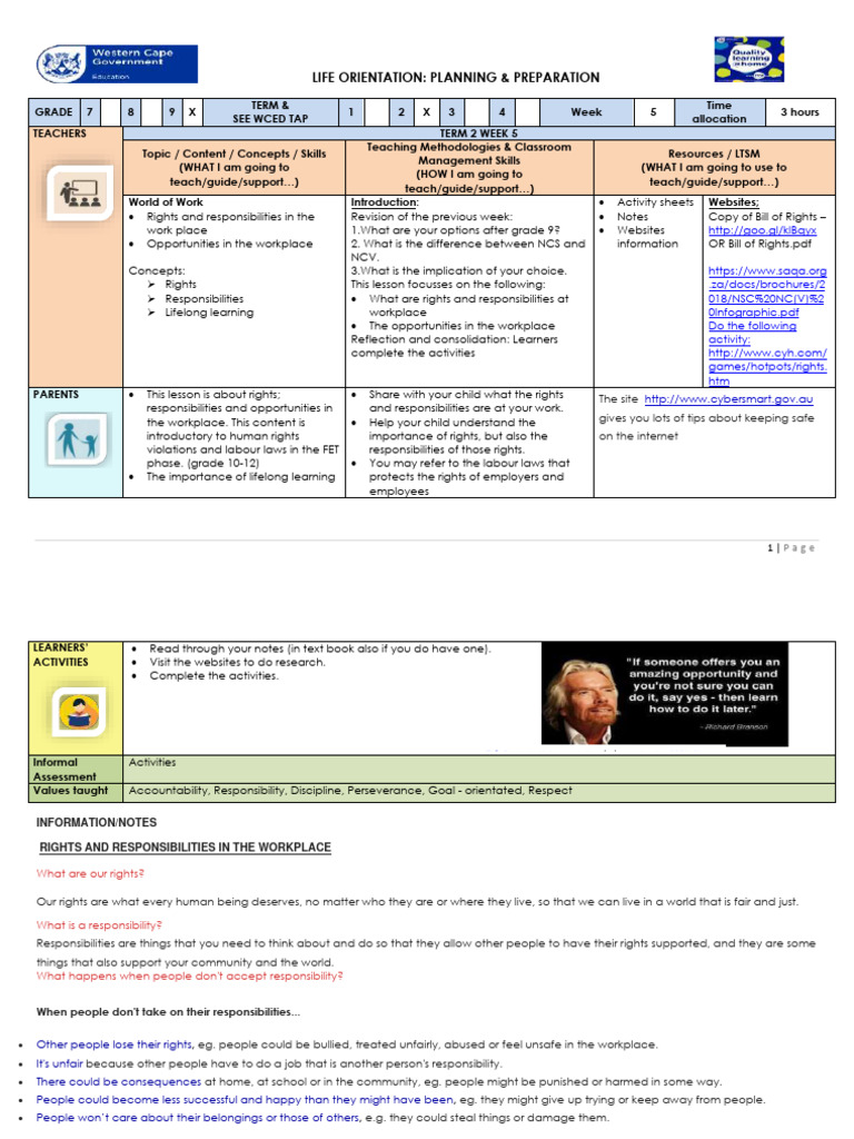 Lesson Plan Gr. 9 Life Orientation T2 W5 | PDF | Employment | Learning