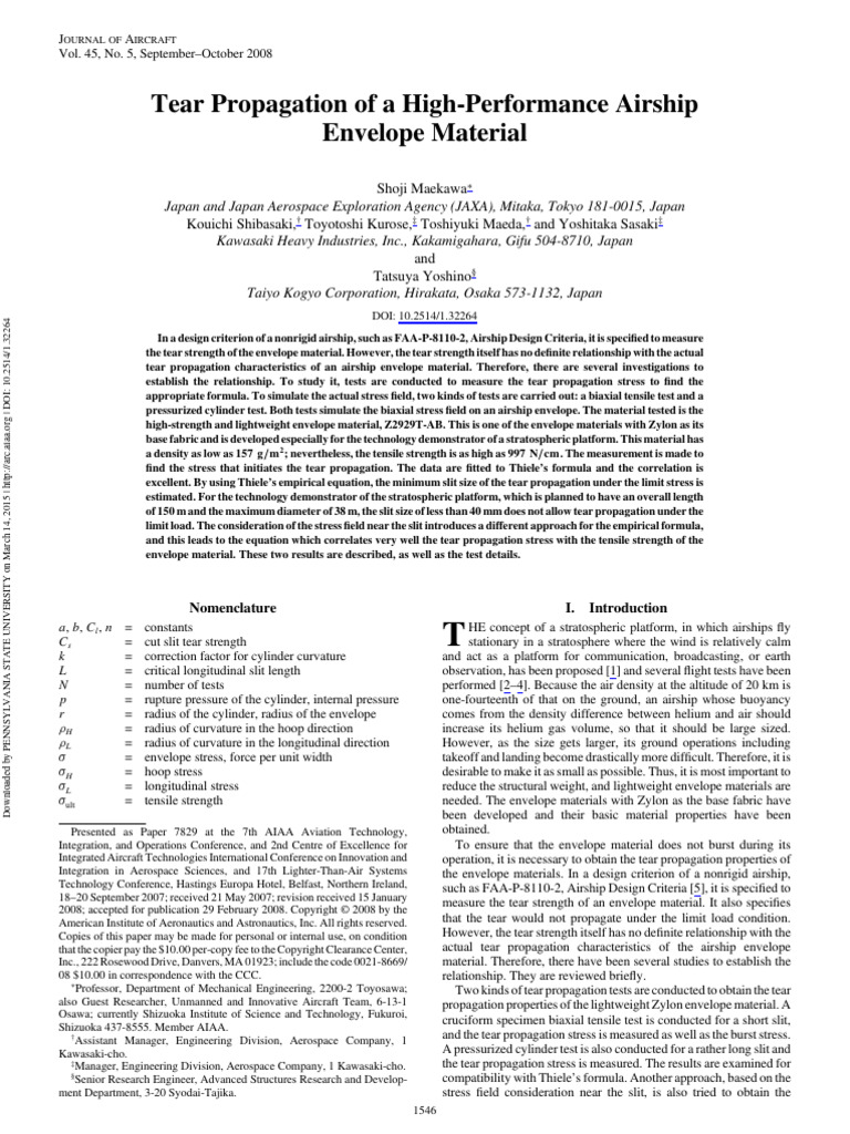 Tear Propagation of A High-Performance Airship Envelope Material | PDF | Stress (Mechanics ...