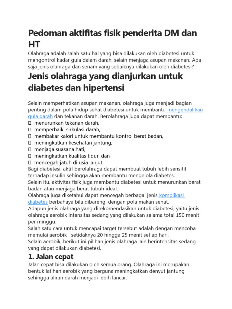 Pedoman Aktifitas Fisik Penderita DM Dan HT Juni 2024 | PDF