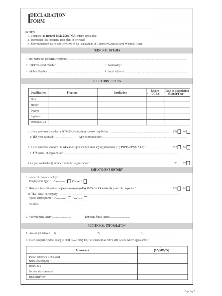 PETRONAS Employment Declaration Form | PDF
