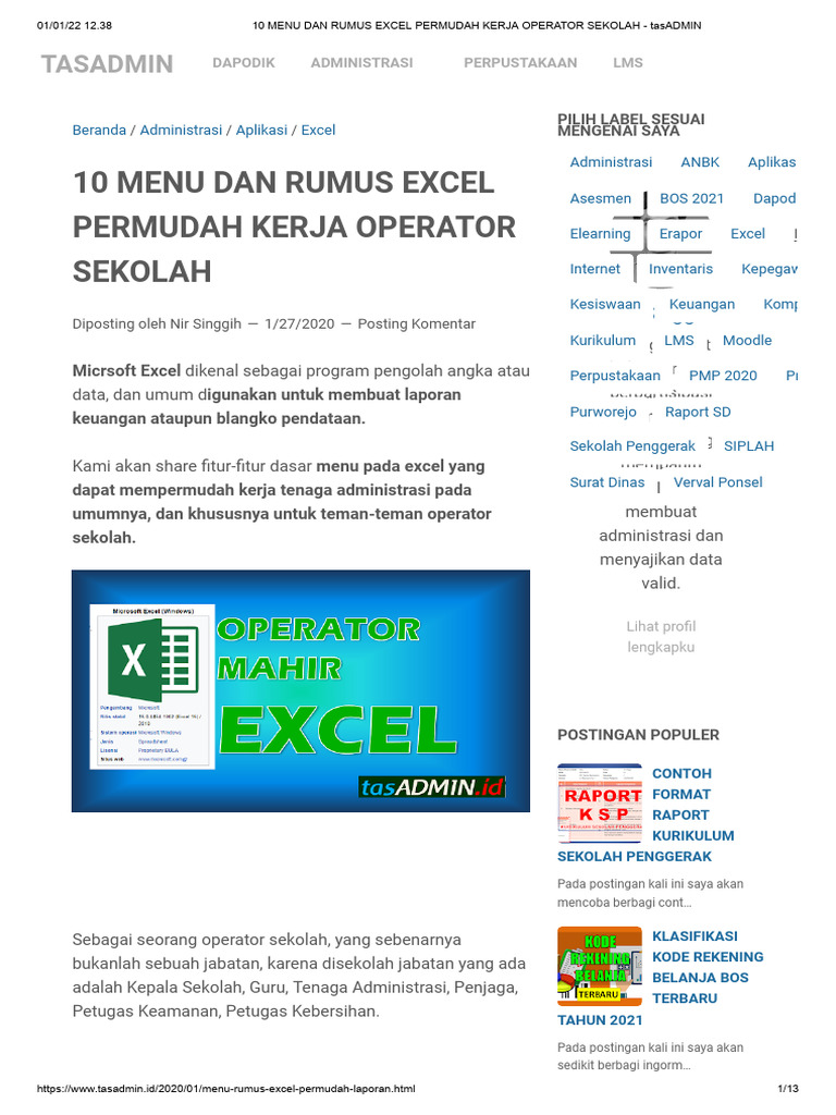 10 Menu Dan Rumus Excel Permudah Kerja Operator Sekolah - Tasadmin | PDF