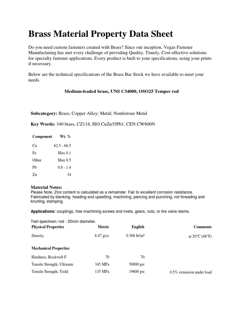 Brass Material Property Data Sheet | PDF