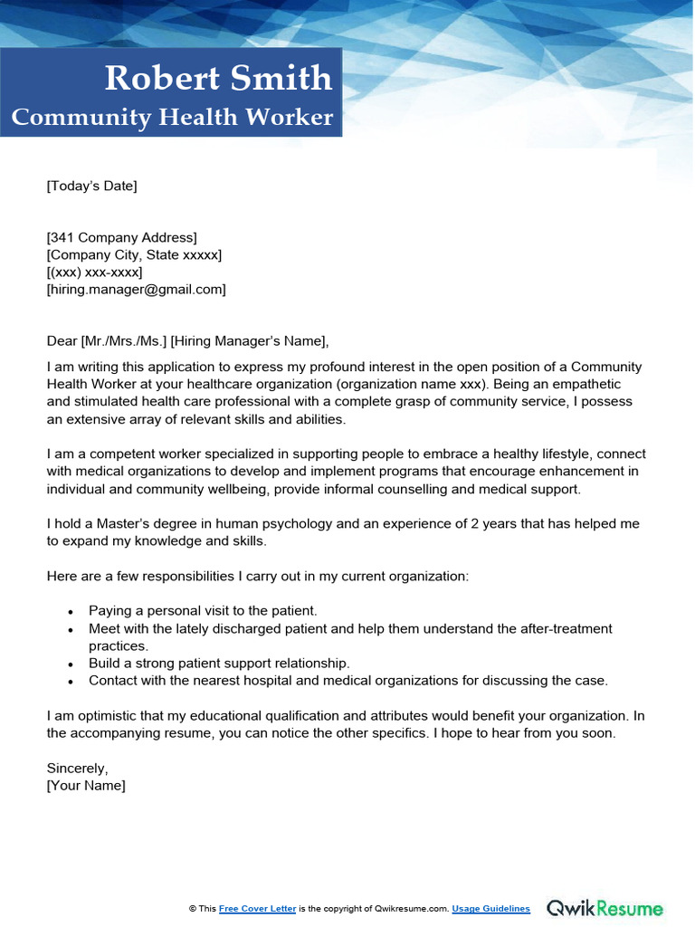Community Health Worker Cover Letter Sample | PDF