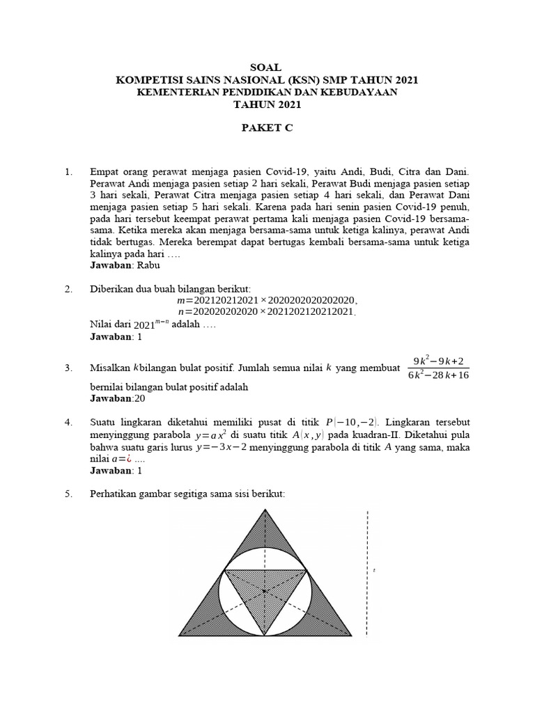 PENYISIHAN II - Matematika SMP 2021 Paket C | PDF
