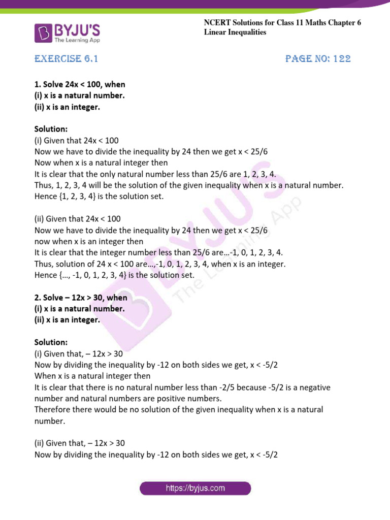 Ncert Sol Class 11 Chapter 6 Linear Inequalities Ex 1 | PDF | Inequality (Mathematics) | Integer