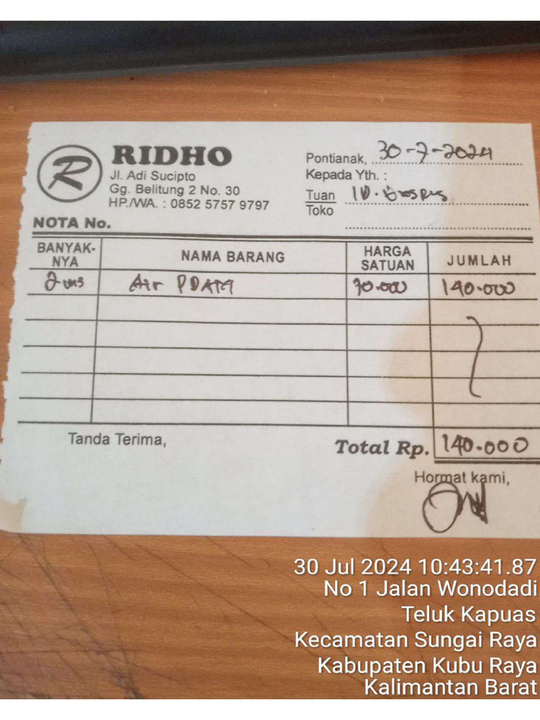 Nota Pembelian Air Bersih MH Pontianak | PDF