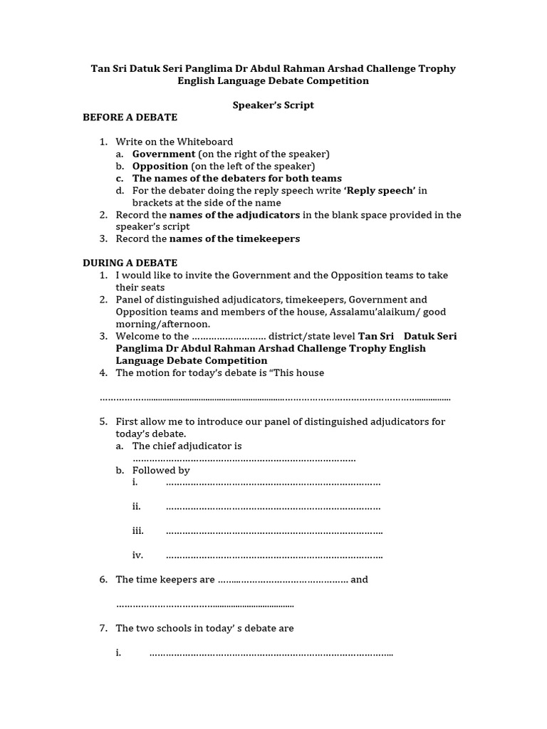 Debate Competition Speaker's Script Guide | PDF | Government