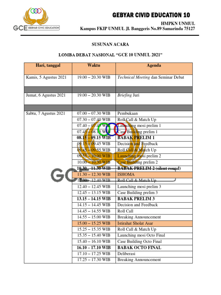GCE 10 UNMUL Debate Competition Schedule | PDF | Indonesia | Southeast Asia