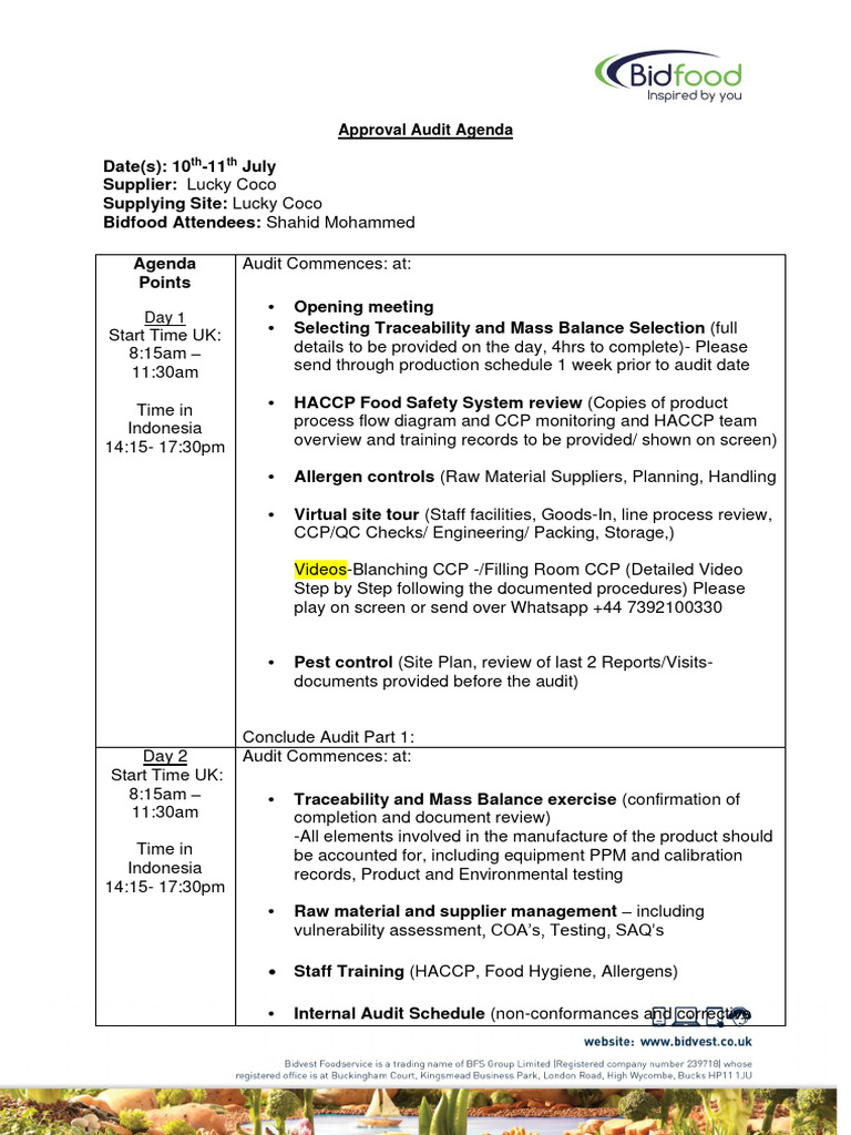 Agenda Remote Audit | PDF | Hazard Analysis And Critical Control Points ...
