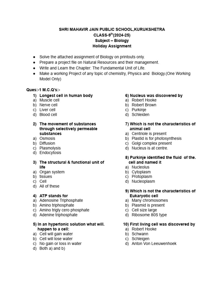 Class 9-Holiday Assignment | PDF | Cell (Biology) | Biology