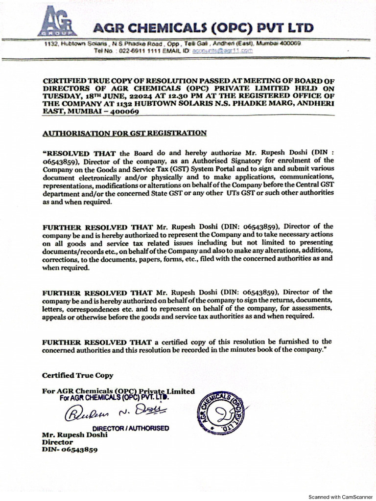 Board Resolution Agr Opc | PDF