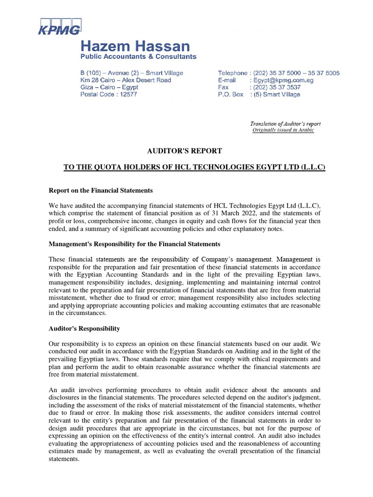 59 HCL Technologies Egypt Limited - Auditors Report - English | PDF ...