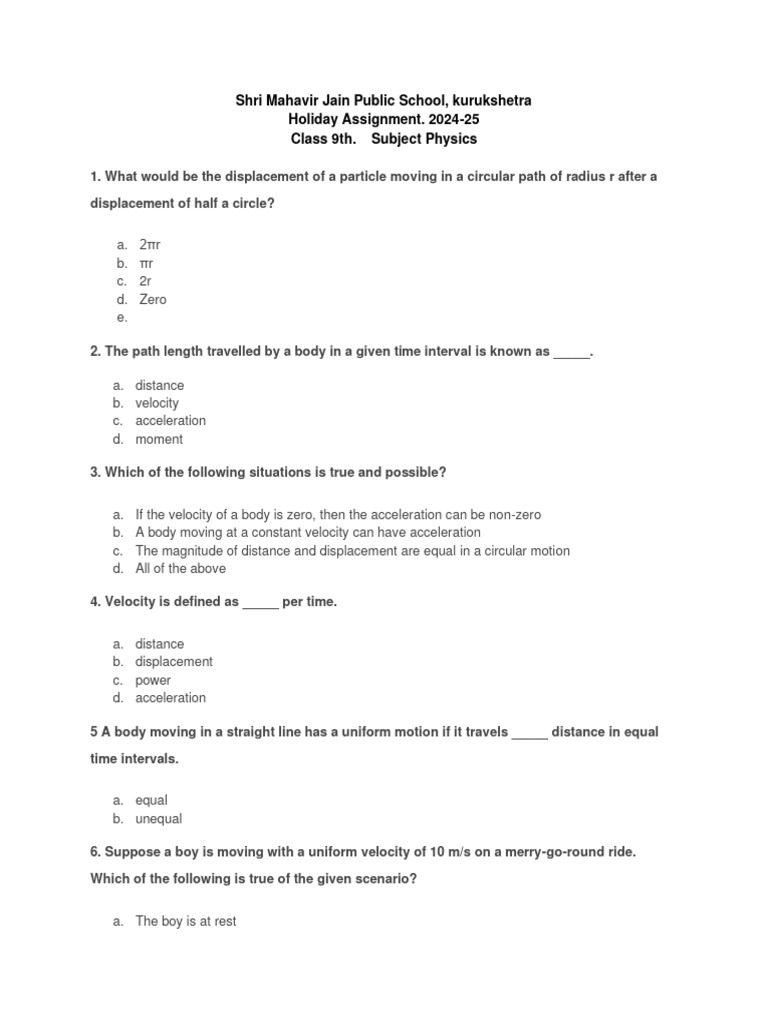 Holiday Assignment 9th Physics Pdf Acceleration Kinematics 3186