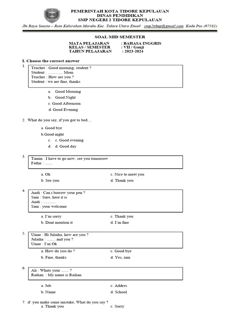 Soal MID GANJIL KELAS VII 2023-2024 | PDF